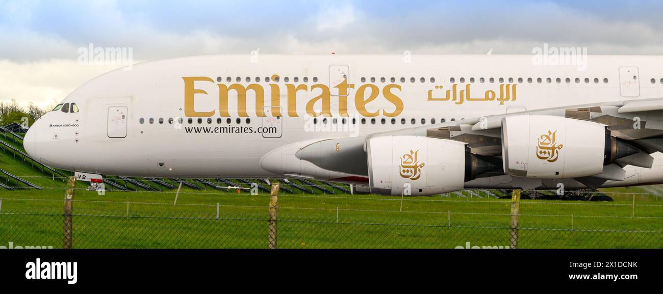 A recently landed Emirates Airbus A380-800 taxiing on runway 33 at ...