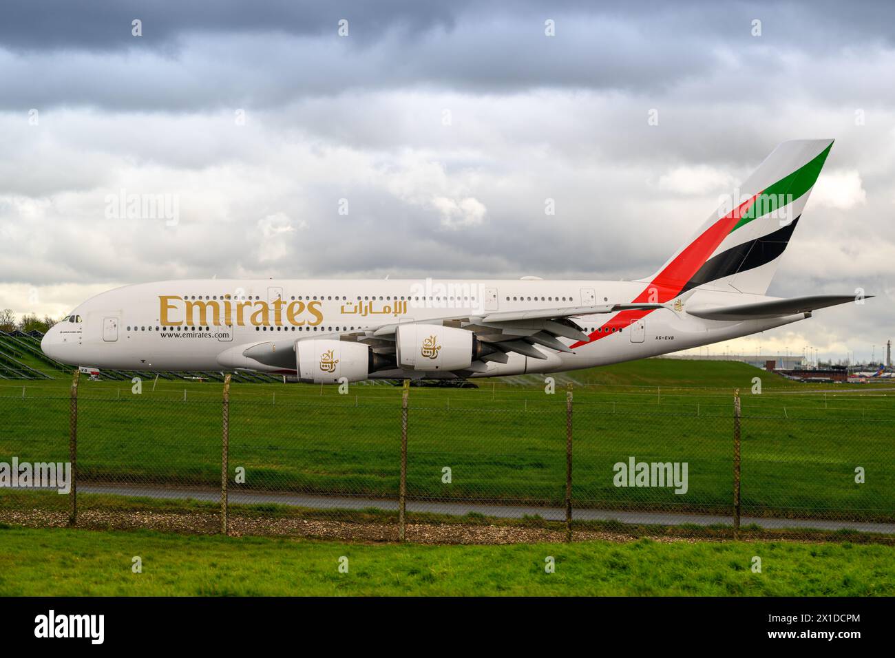 A recently landed Emirates Airbus A380-800 taxiing on runway 33 at ...