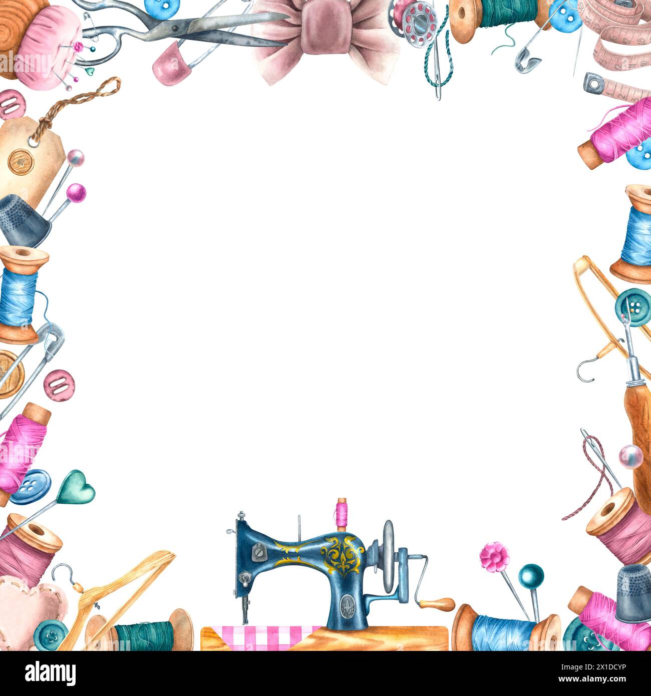 Square frame with scissors, buttons, sewing machine. Hand drawn ...