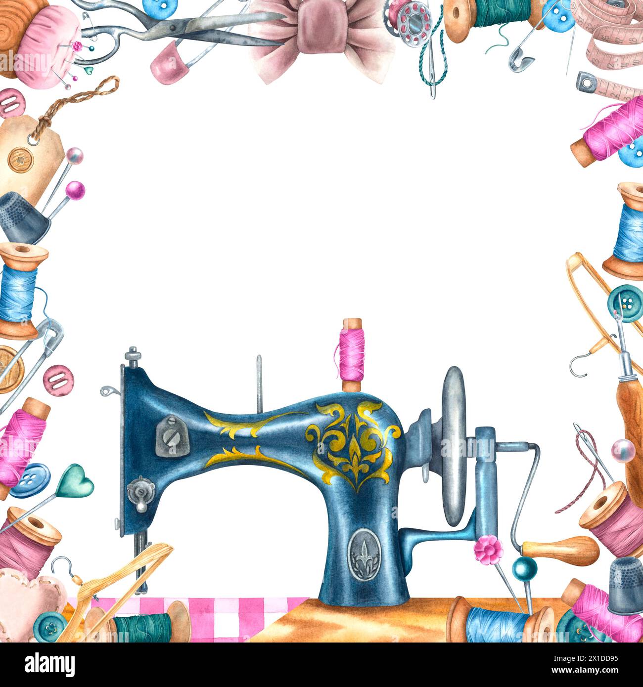 Square frame with scissors, buttons, sewing machine. Hand drawn ...