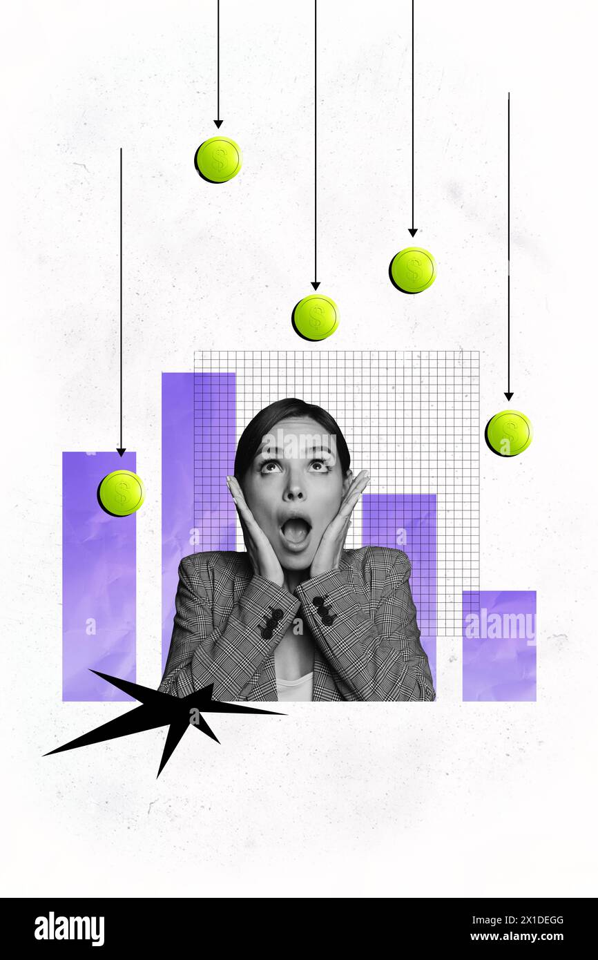 Vertical photo collage of astonished panic inexperienced girl watch ...