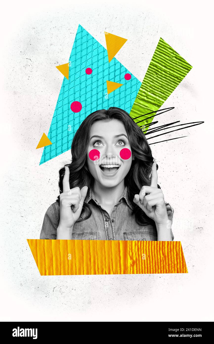 Vertical photo collage of happy excited cute girl point up confetti ...