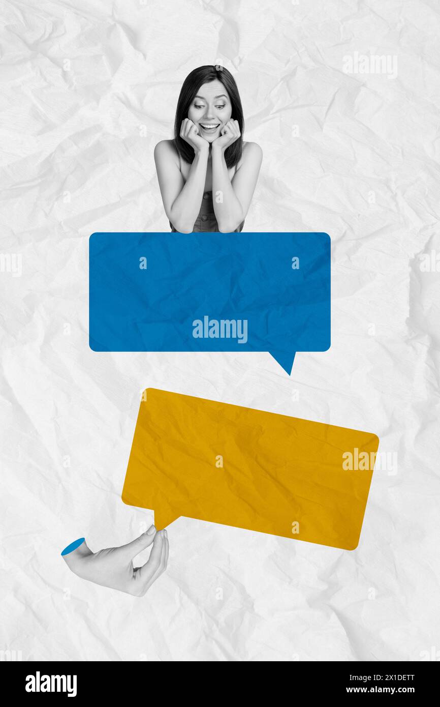 Vertical photo collage of happy girl watch text box hand hold phrase ...