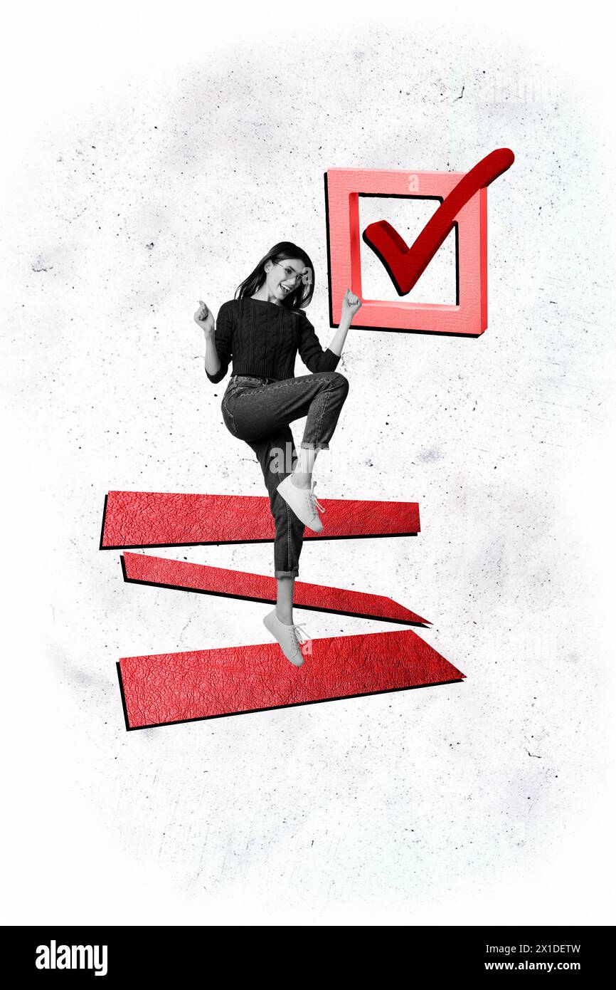 Vertical photo collage of happy excited young girl jump success receive ...