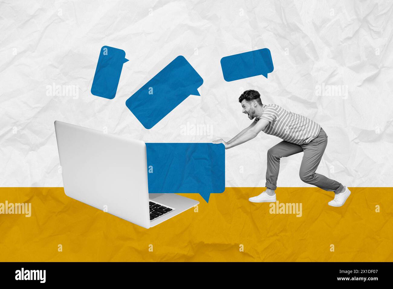 Composite photo collage of angry businessman push notification macbook ...