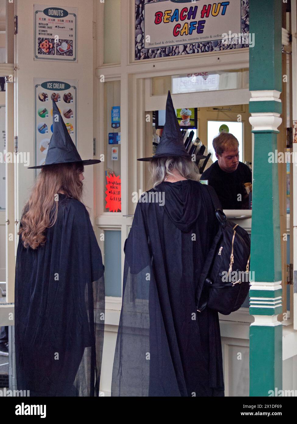 A hen do dress as as witches for a day in Brighton, England Stock Photo ...