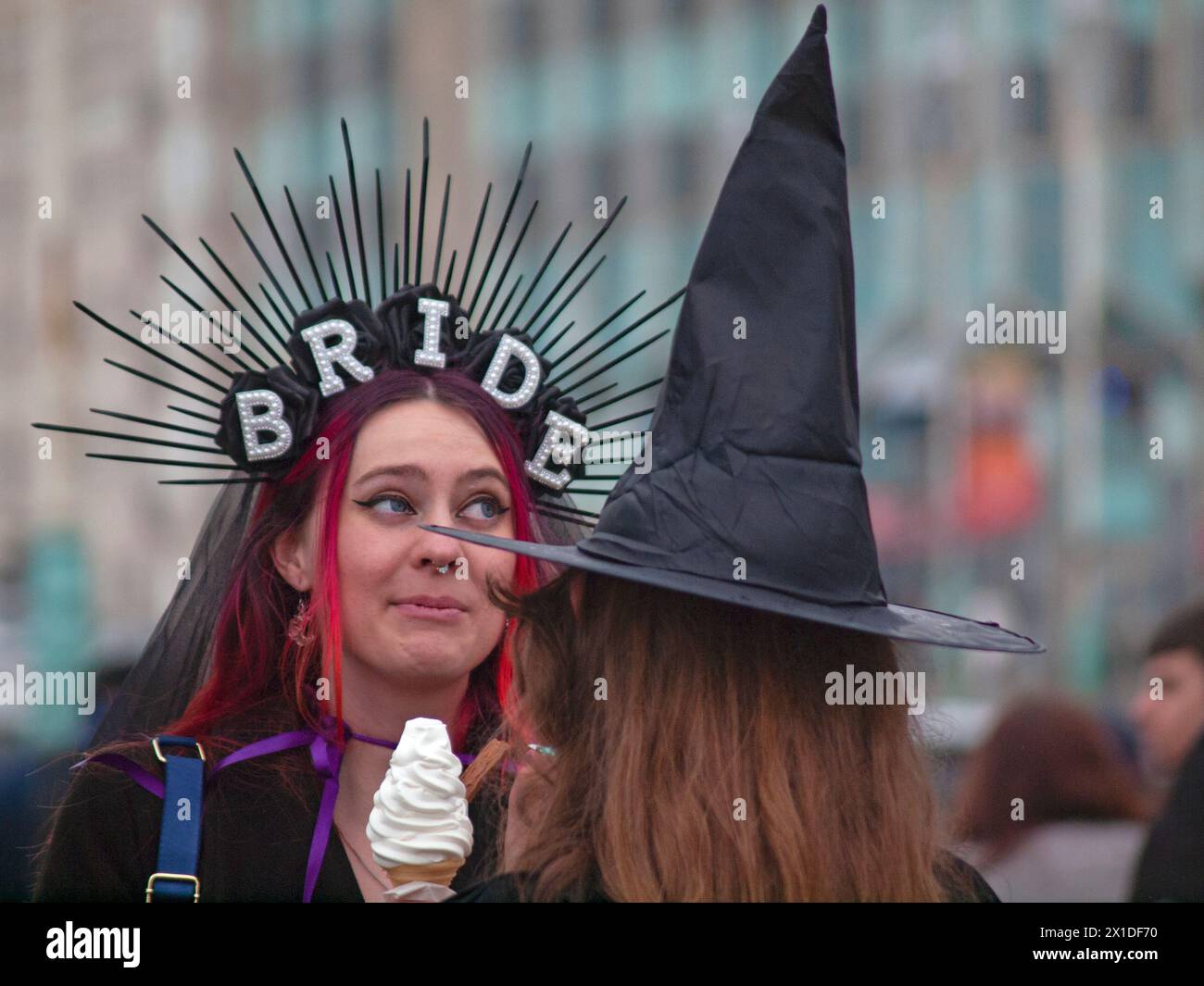 A hen do dress as as witches for a day in Brighton, England Stock Photo ...