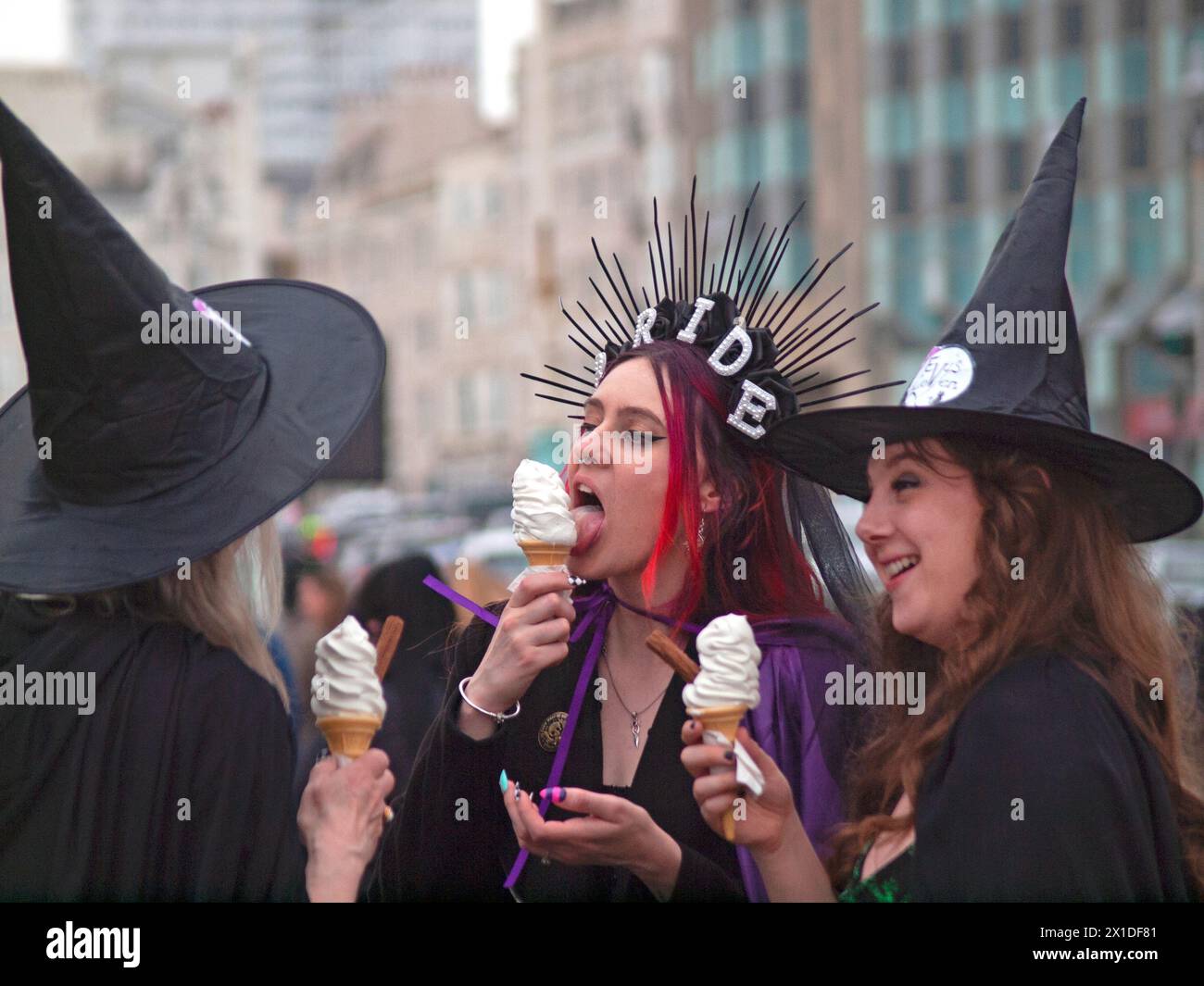 A hen do dress as as witches for a day in Brighton, England Stock Photo ...