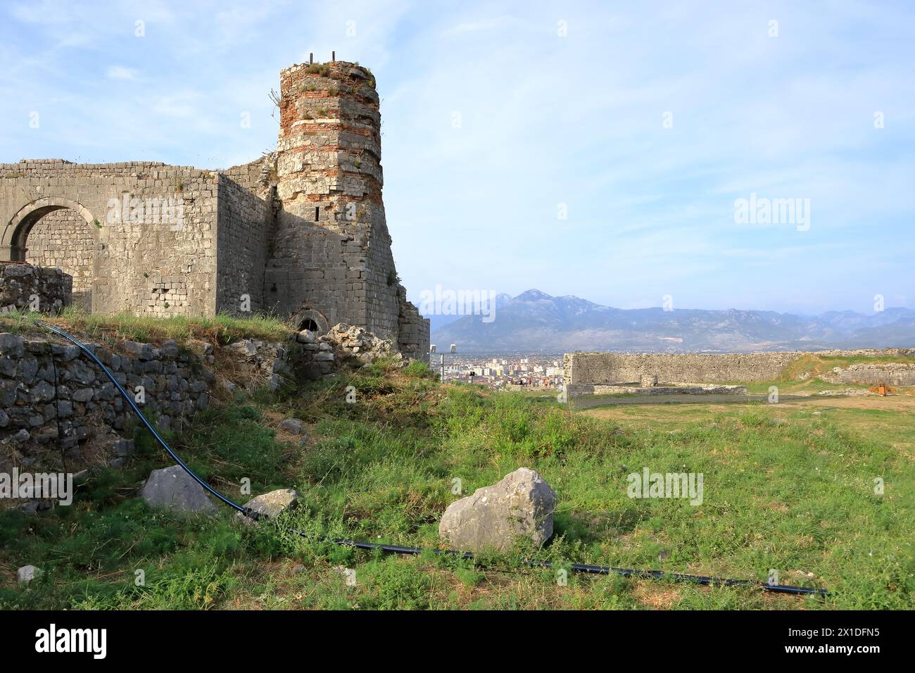The walls of Rozafa Castle and its citadel in the lakeside town Shkoder ...
