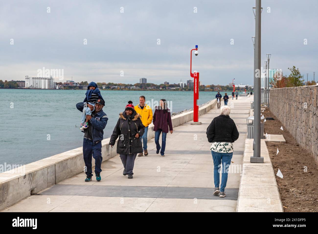 Detroit, Michigan - People walking on the Detroit Riverwalk, on the ...