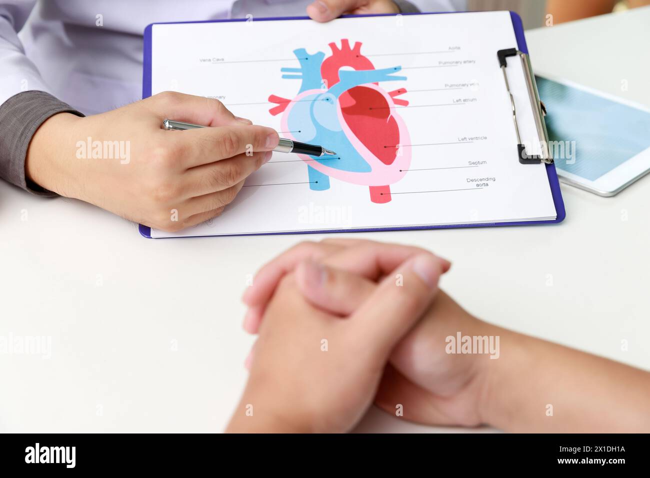 Doctor explaining heart to patient about details and risks operation ...