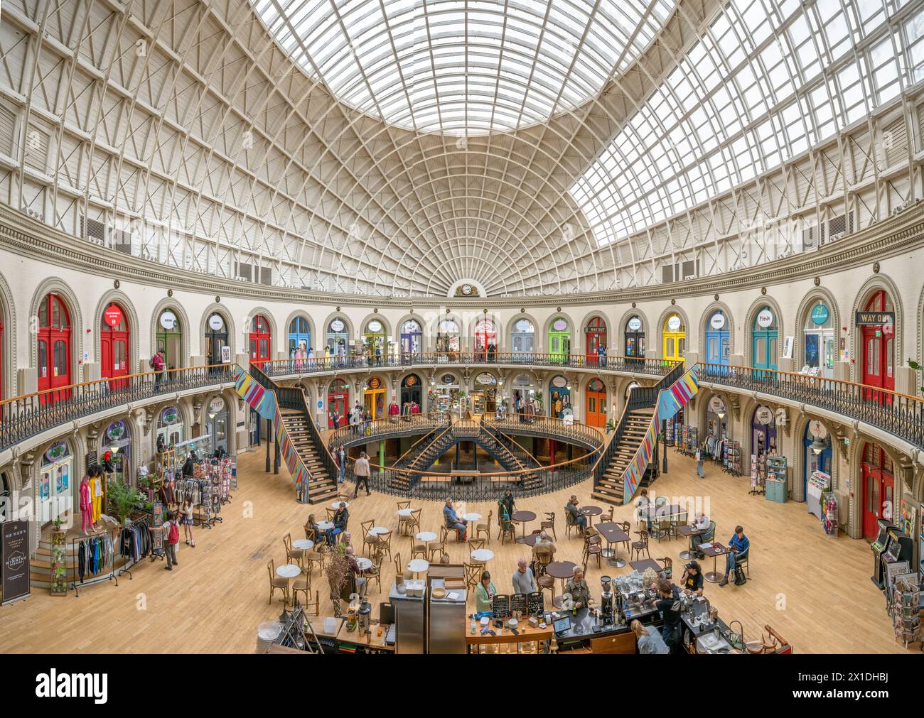 Shops and cafes in the Corn Exchange, Leeds, West Yorkshire, England ...