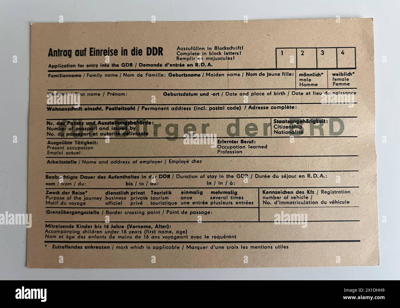 Vordruck Antrag für die Einreise in die DDR für Bürger der BRD ...