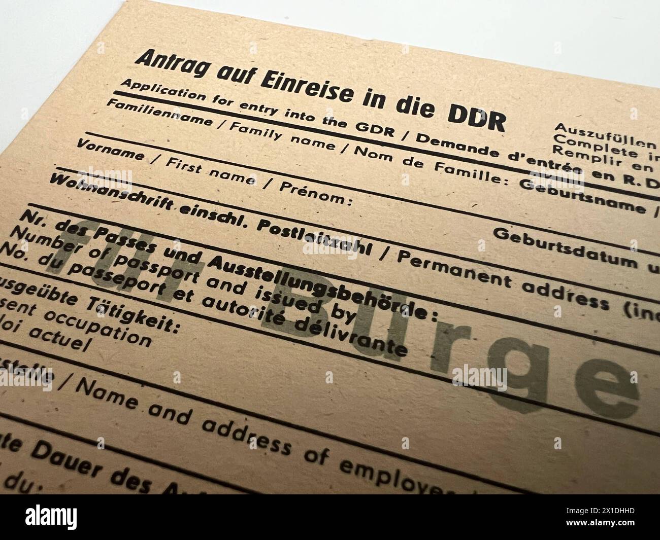 Vordruck Antrag für die Einreise in die DDR für Bürger der BRD ...