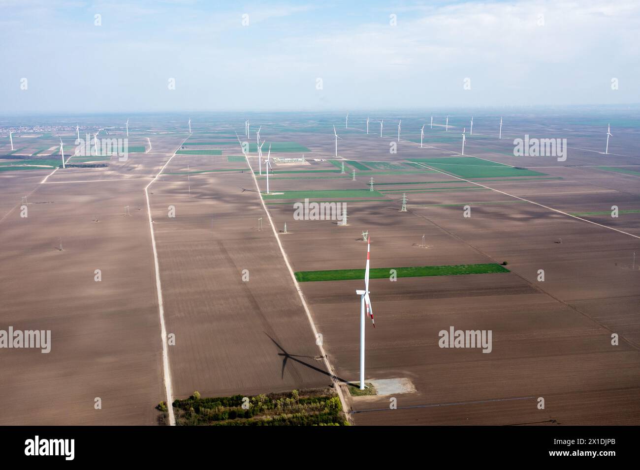 Row upon row of towering wind turbines dominate the landscape ...