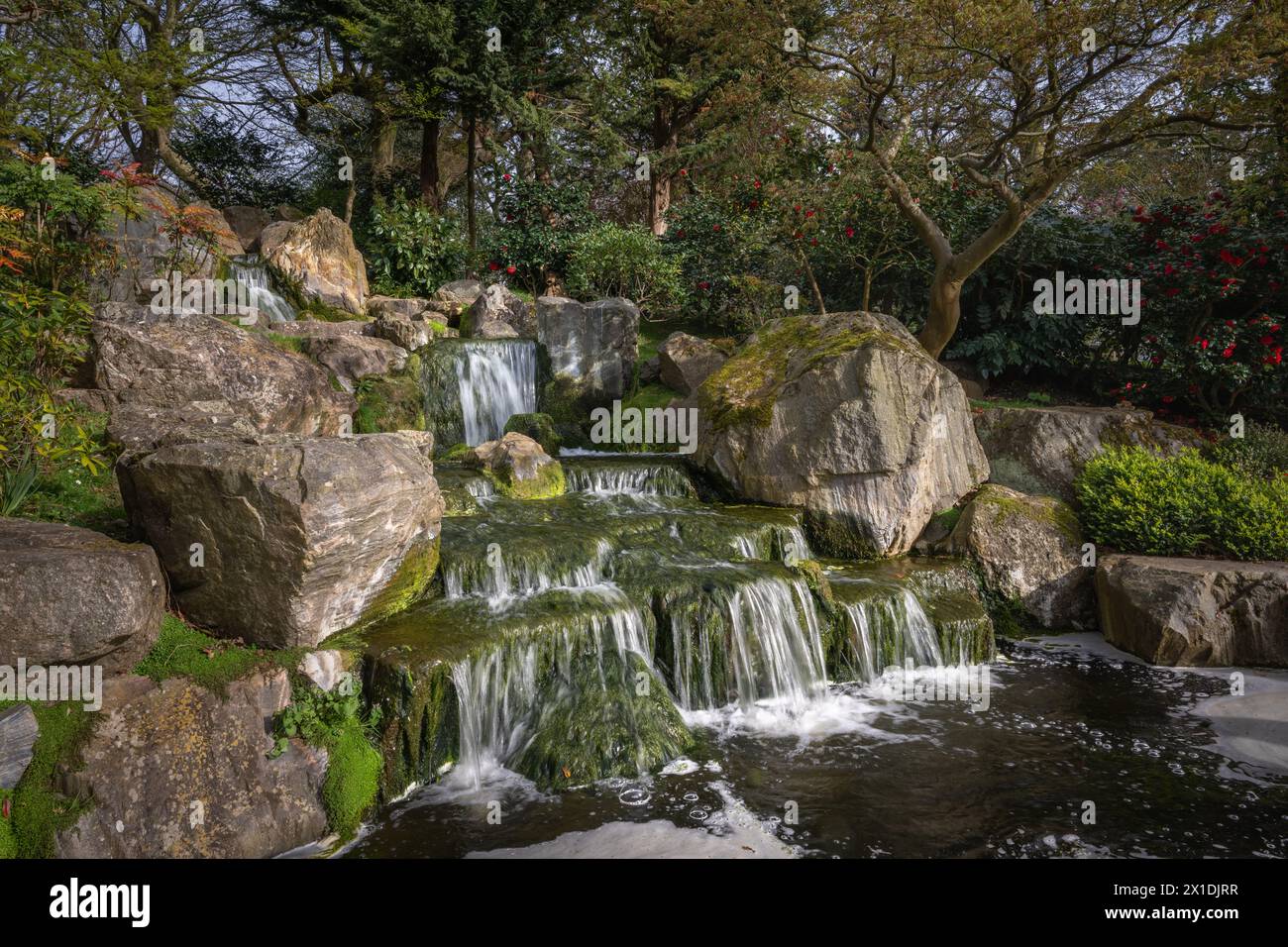 Waterfall in Kyoto Garden, a Japanese garden in Holland Park, London, UK. Holland Park is a ...