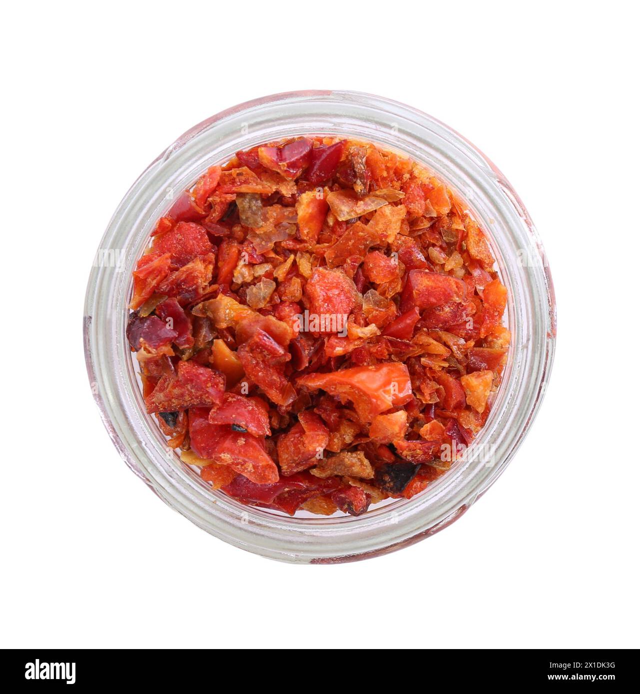 Aromatic spice. Red chili pepper flakes in jar isolated on white, top ...