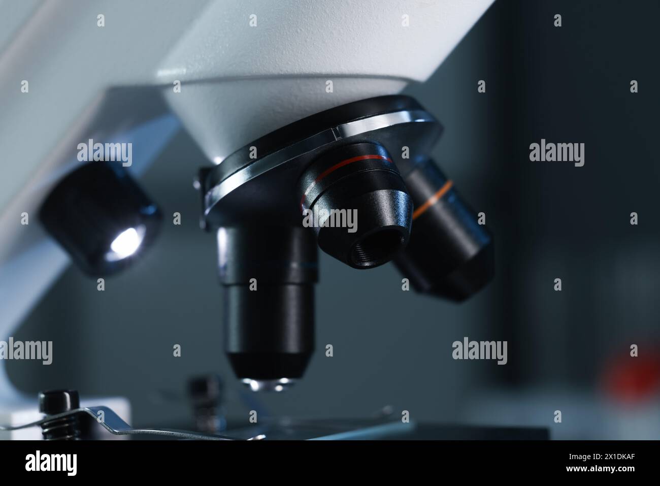 One microscope on blurred background, closeup view Stock Photo - Alamy