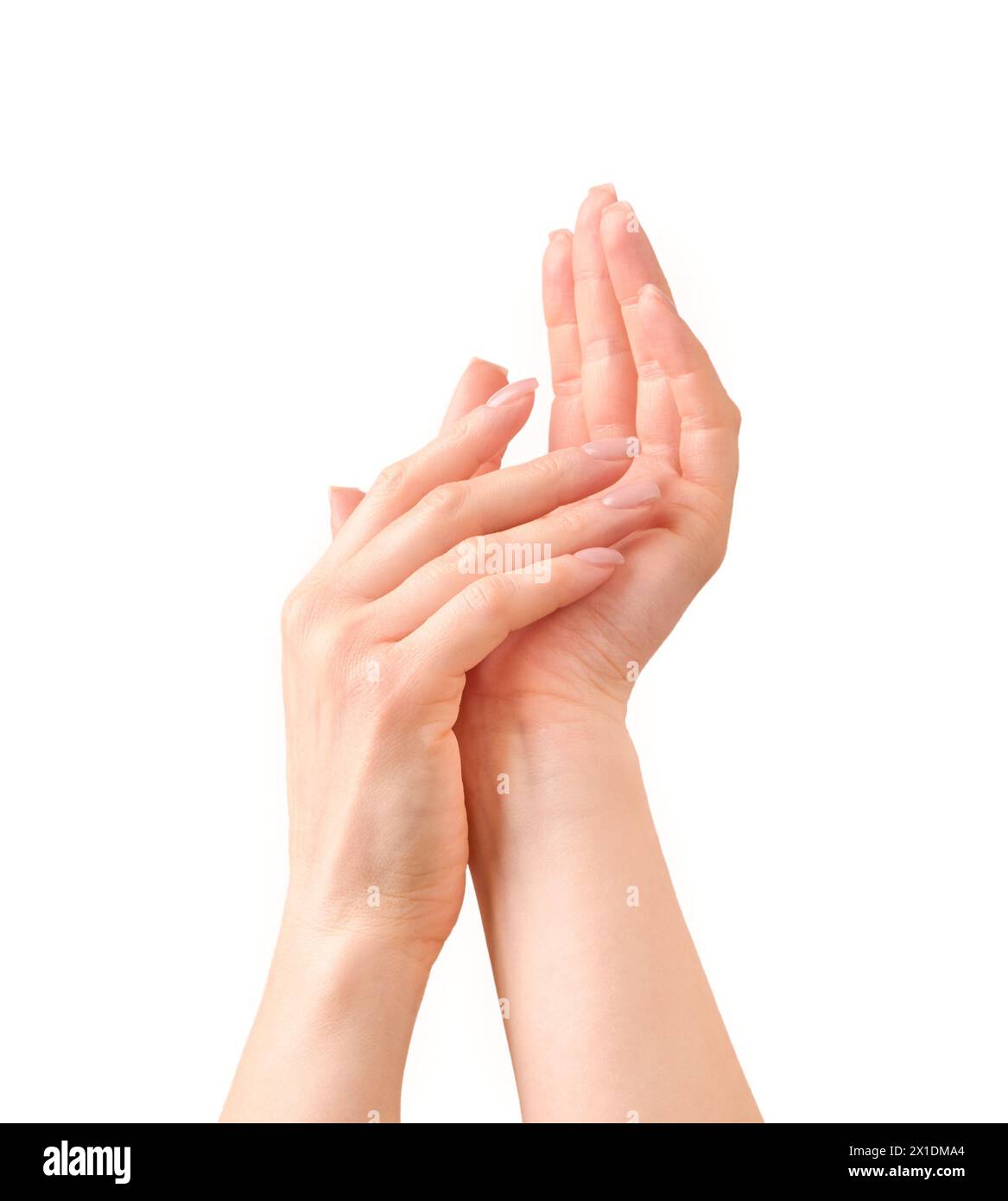Female hands with f manicure on isolated on white background with ...