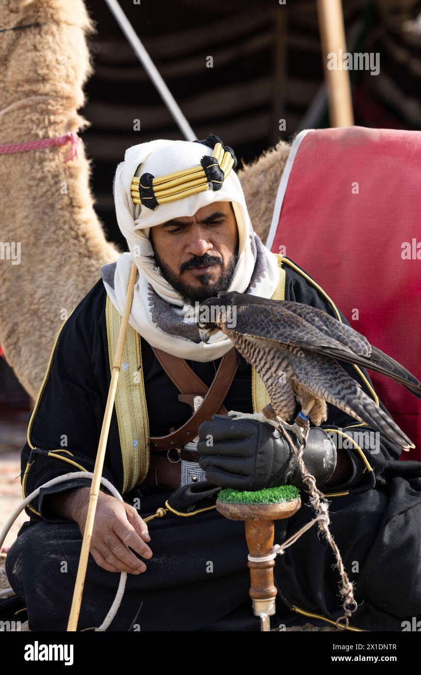 Saudi man in traditional clothing with his falcon in a desert Stock ...