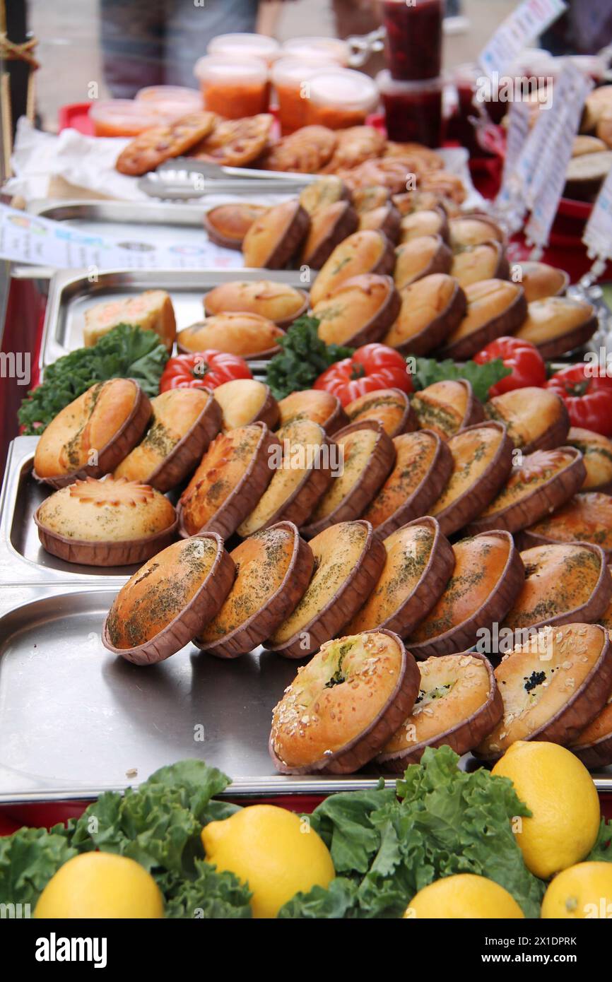 A Display of Freshly Made Pies on a Market Stall Stock Photo - Alamy