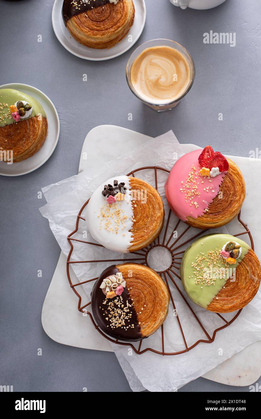 Round croissants with filling and glaze, trendy dessert idea, overhead ...