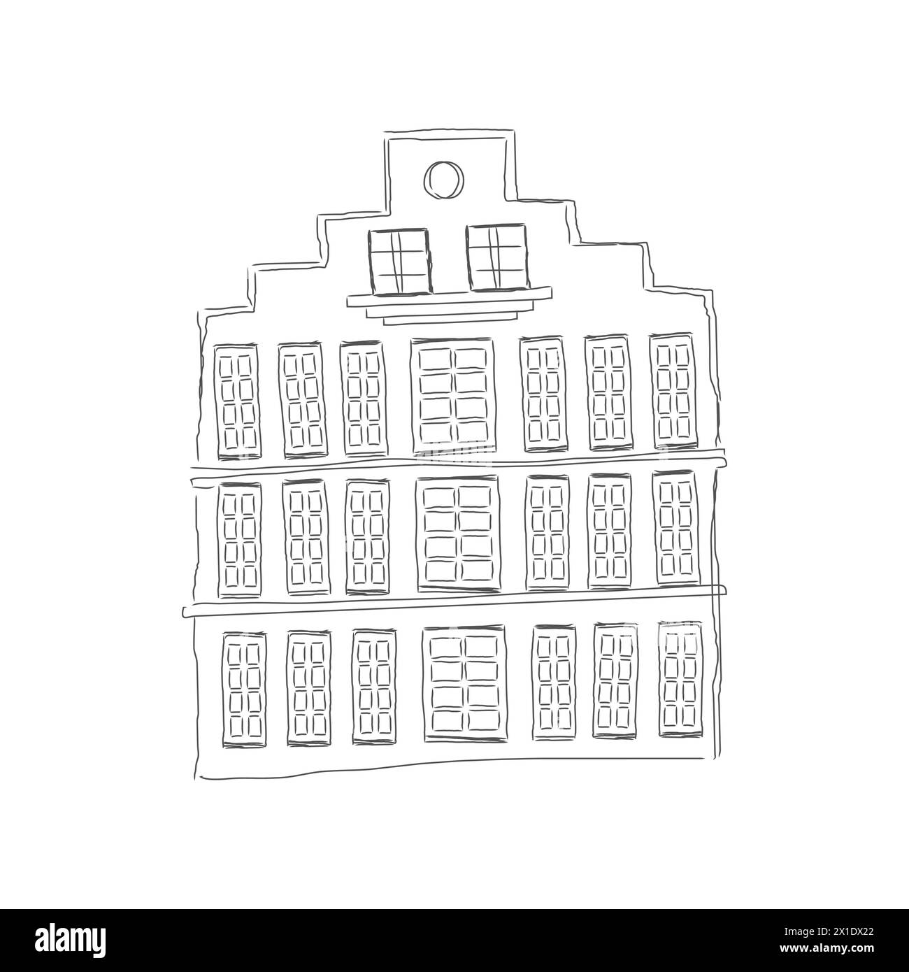 Retro building facade, famous European old architecture line sketch ...
