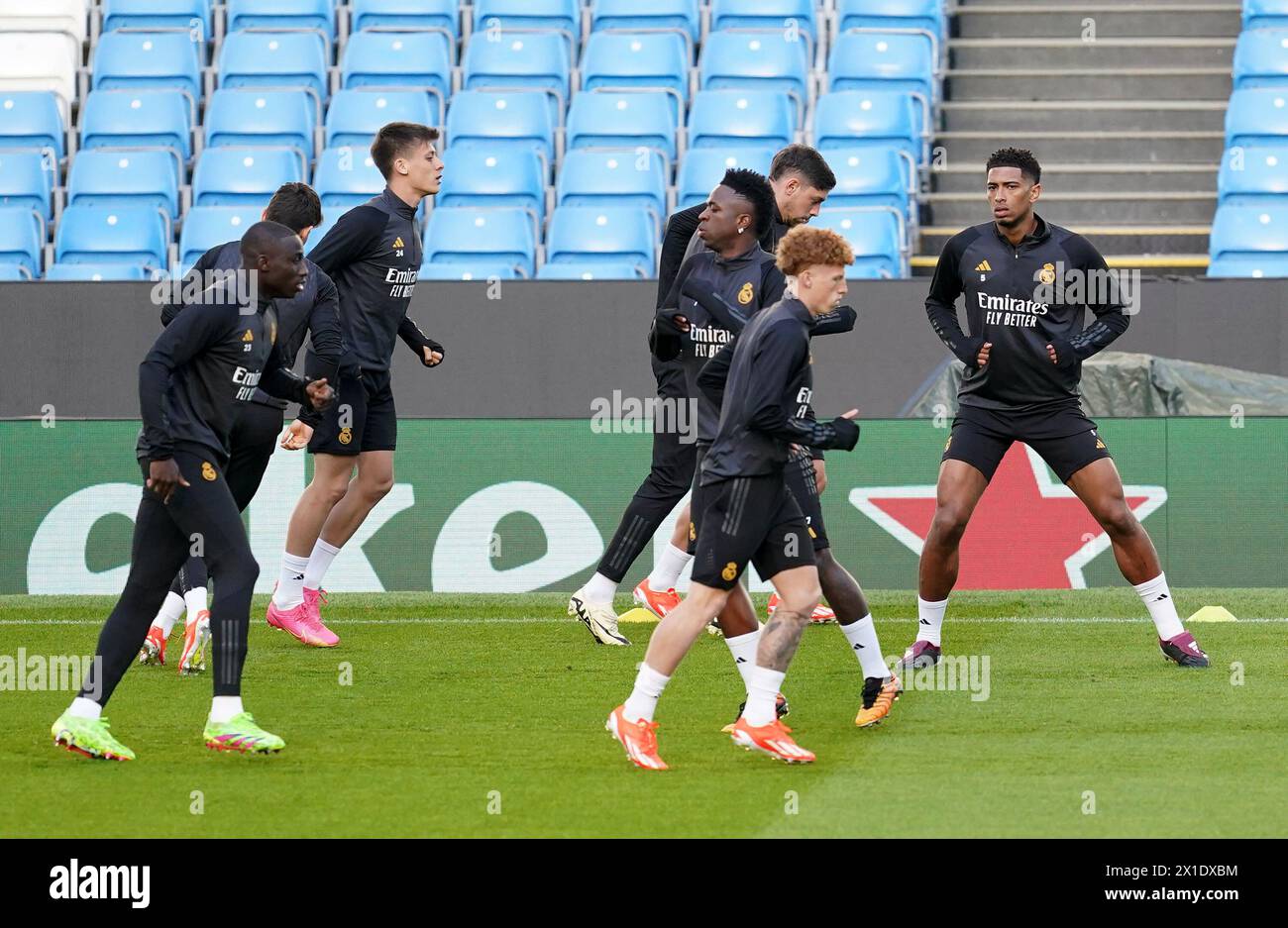 Real Madrid's Jude Bellingham (right) during a training session at the ...