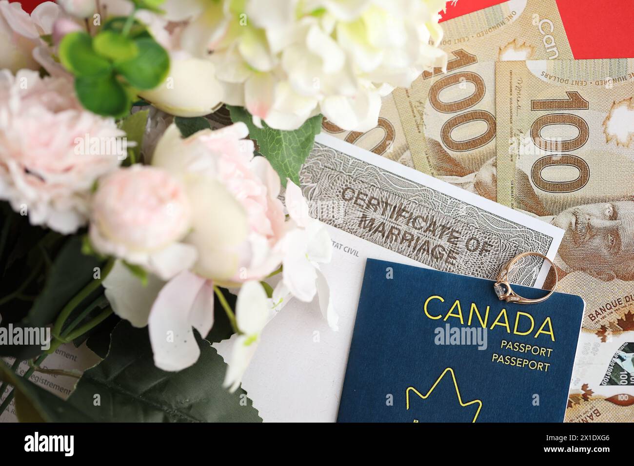 Canadian Certificate of marriage document and wedding ring with ...