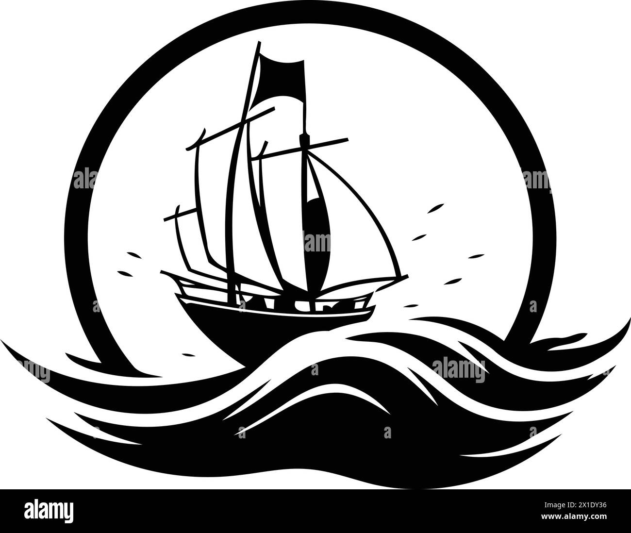 Sailing ship icon on the sea waves background. Vector illustration ...