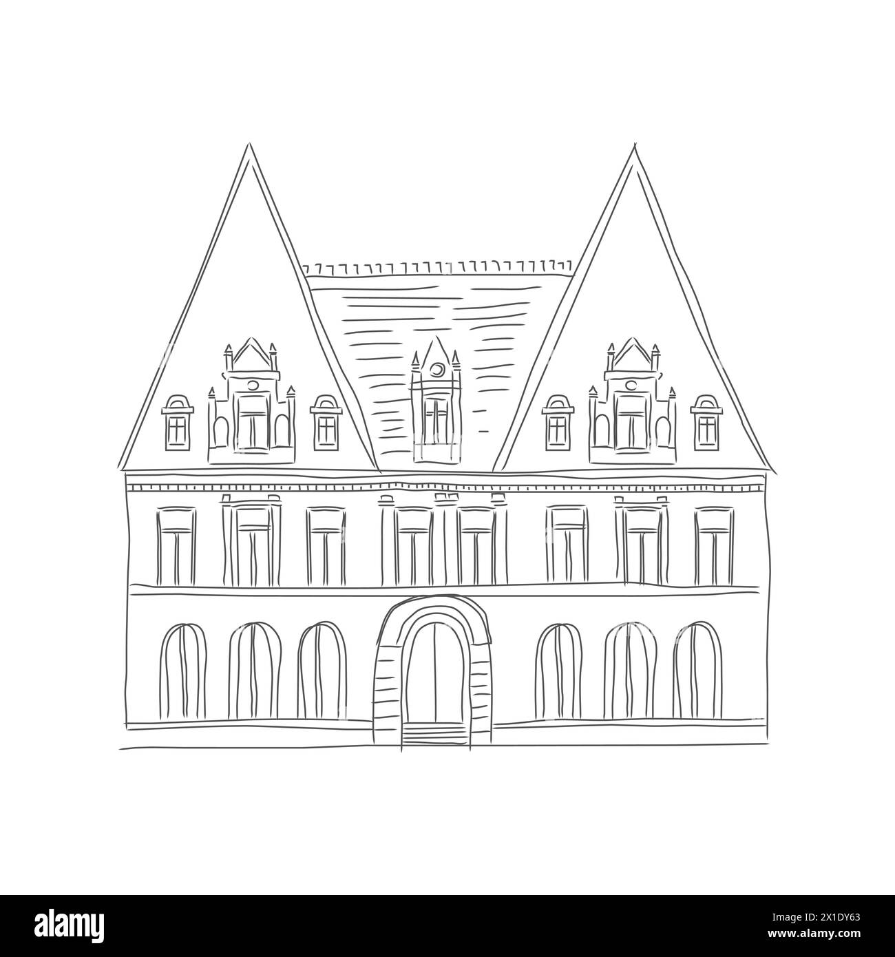 Ancient house with attic on European street, architectural sketch ...