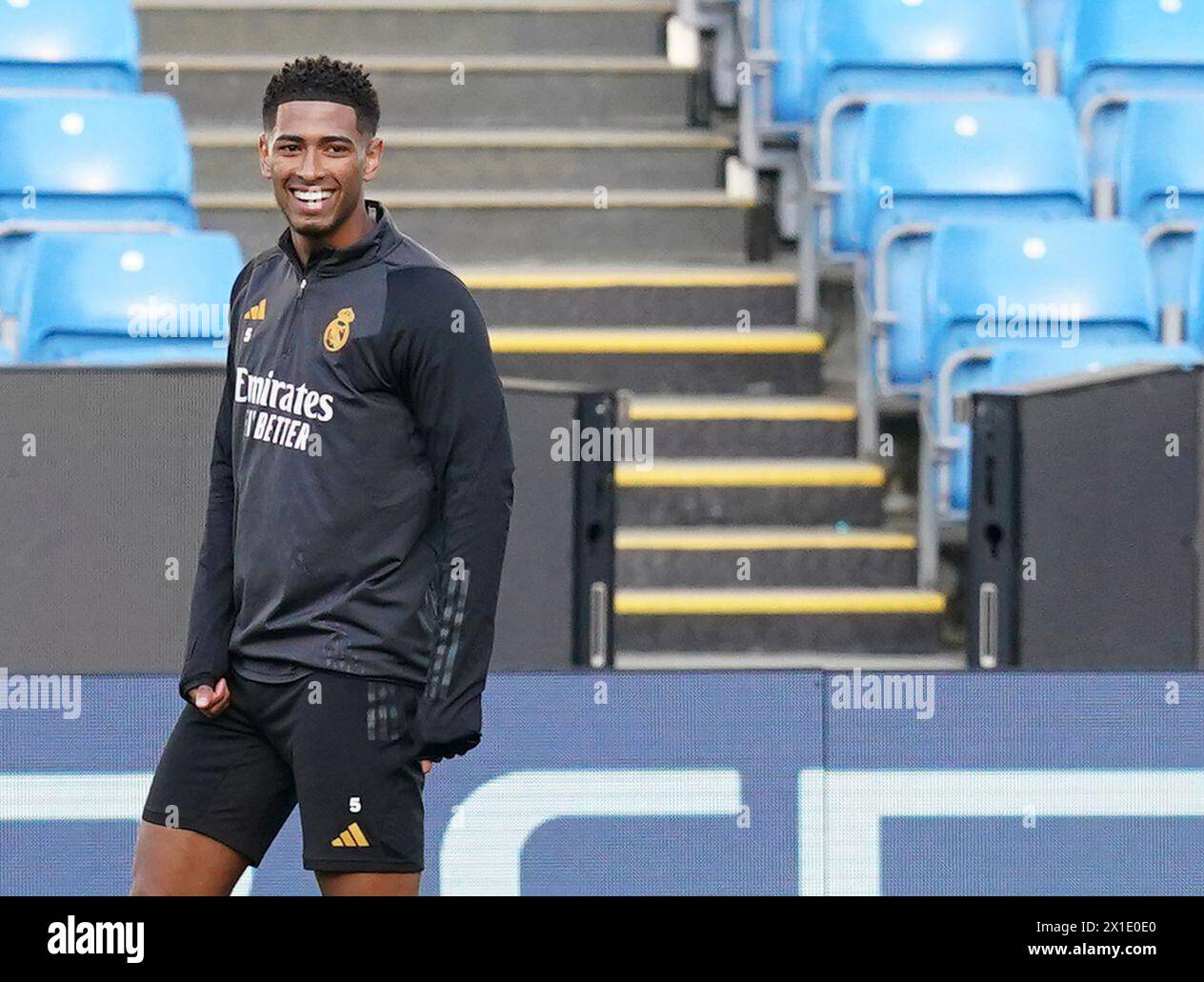 Real Madrid's Jude Bellingham during a training session at the Etihad ...