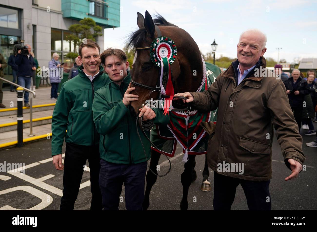 Jockey Paul Townend (left), groom Steven Cahill (centre), 2024 Randox ...