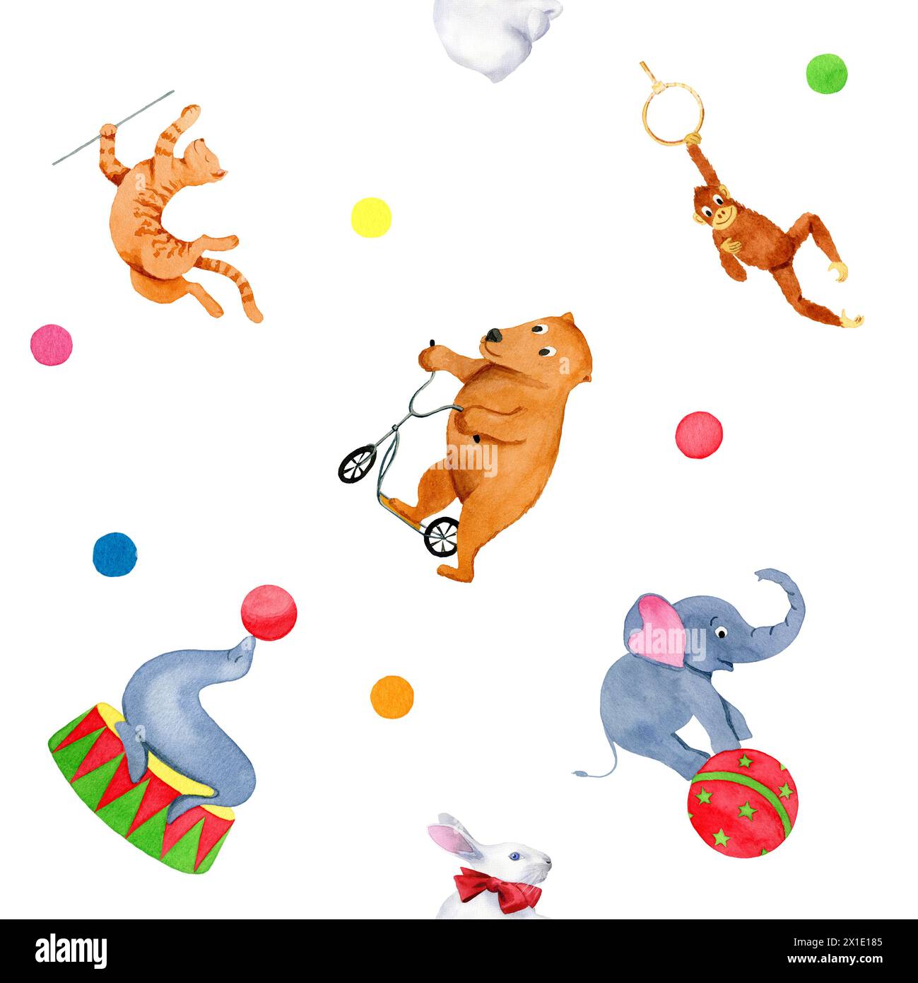 Watercolor seamless pattern with circus animals: elephant, rabbit, bear ...
