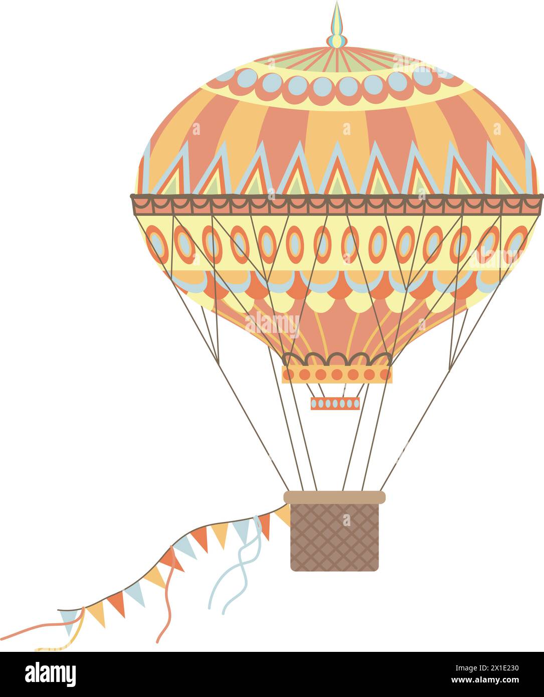 Hot air balloon, retro flying airship with decorative elements, color ...
