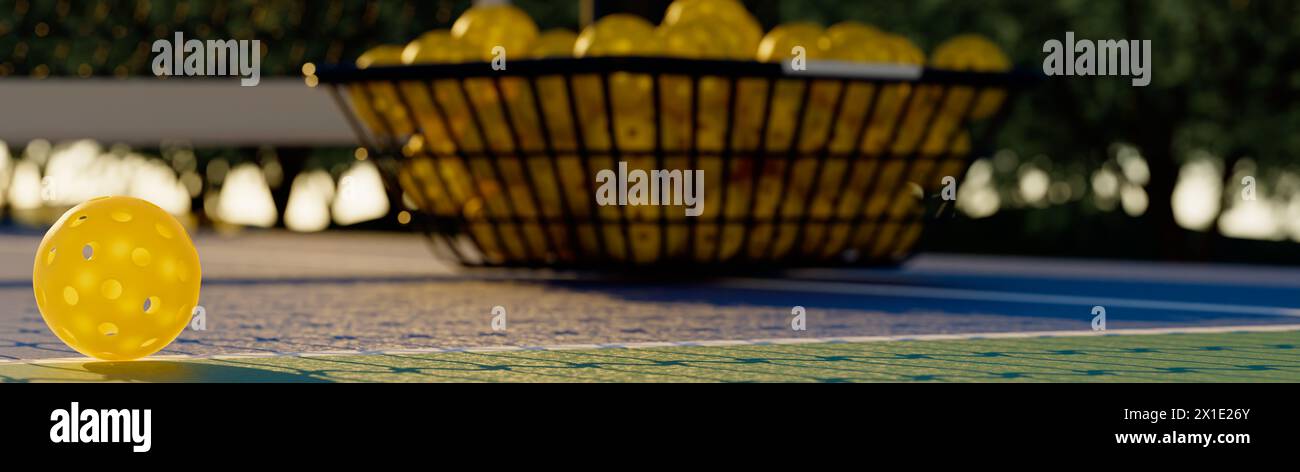 Outdoor pickleball ball on a court in sunset sunlight. 3D rendering ...