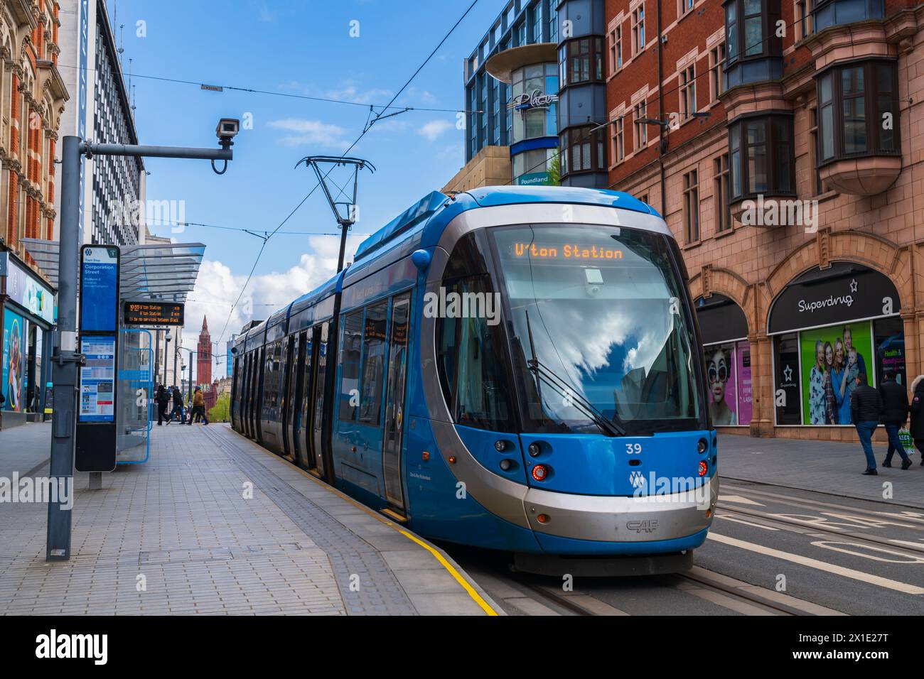 Birmingham, UK 16th April 2024: Birmingham tram at a stop in the city ...