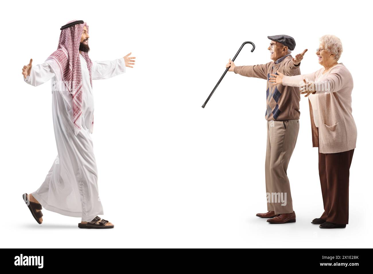 Man in a traditional ethinc robe meeting walking towards elderly man ...