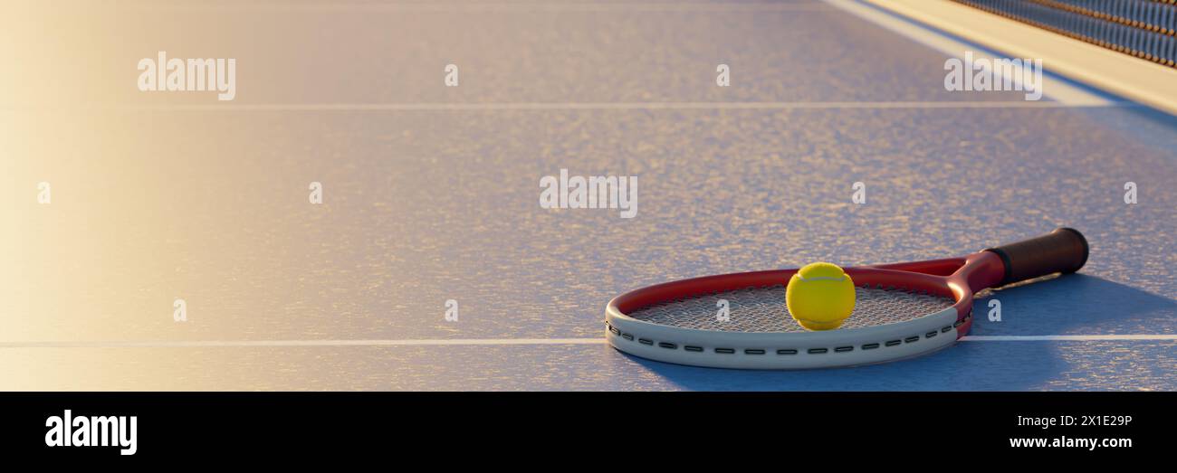 Tennis racket and ball lie on a sports court.3d rendering Stock Photo ...