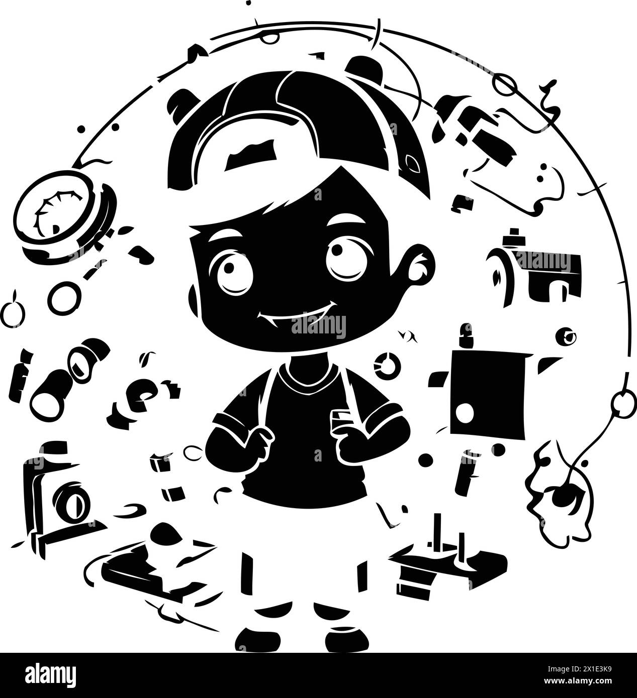 Cartoon mechanic boy with different tools on dark background. Vector ...