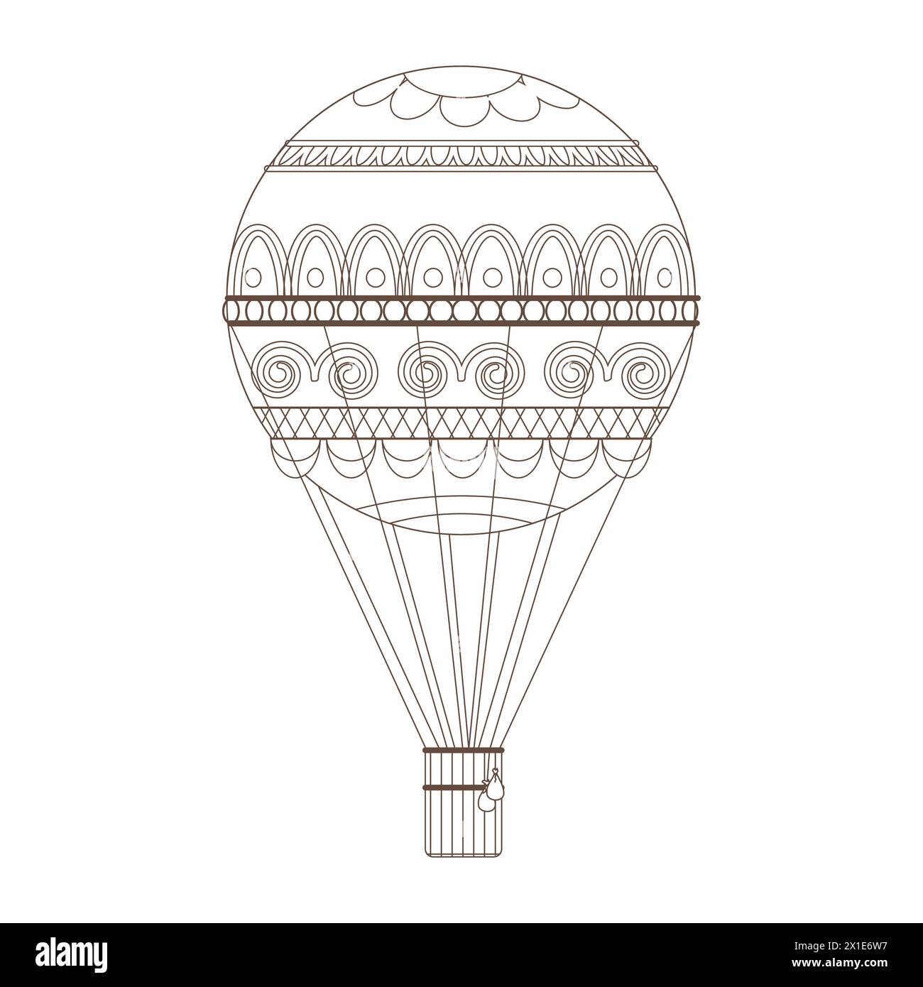 Vintage hot air balloon, old flying airship with basket in sketch ...