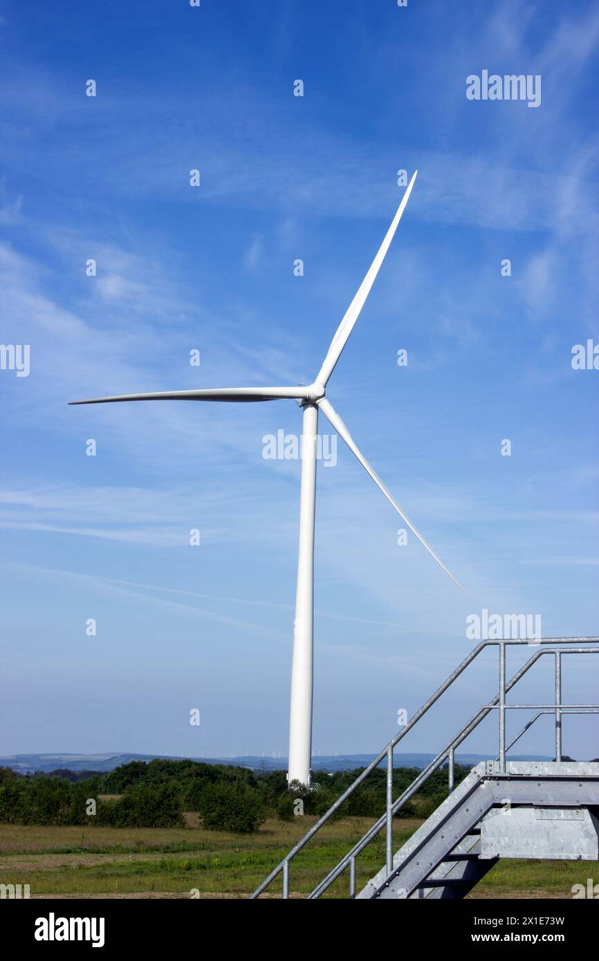 Wind turbine and access ladder against blue sky background, Oakdale ...