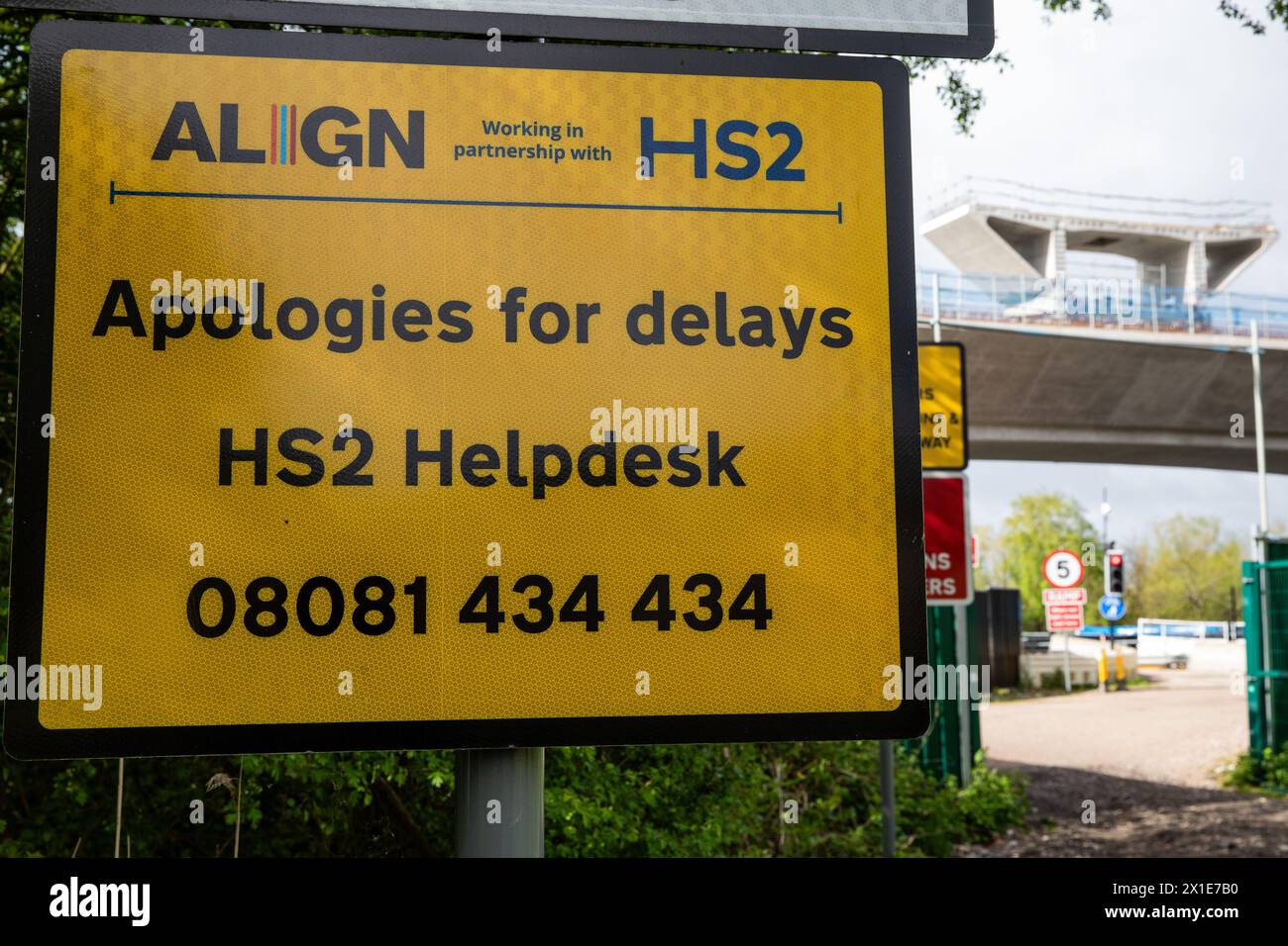 Hillingdon, UK. 16th April, 2024. A HS2 sign is pictured alongside a ...