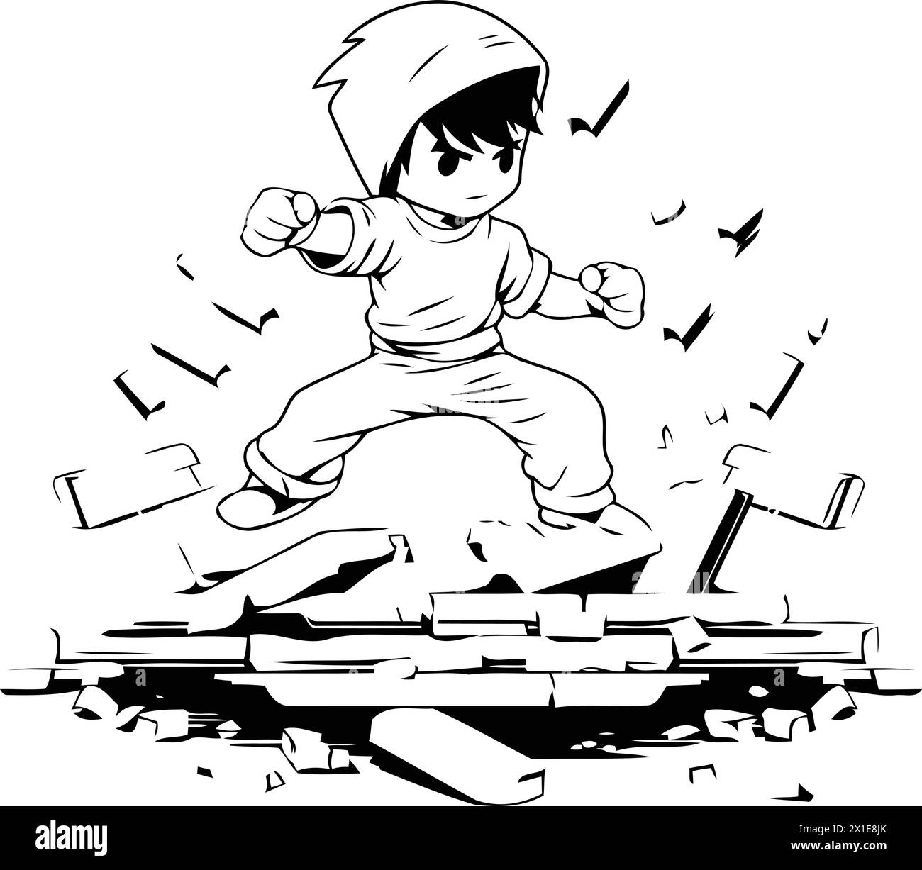 Karate boy on the background of broken bricks. Vector illustration ...