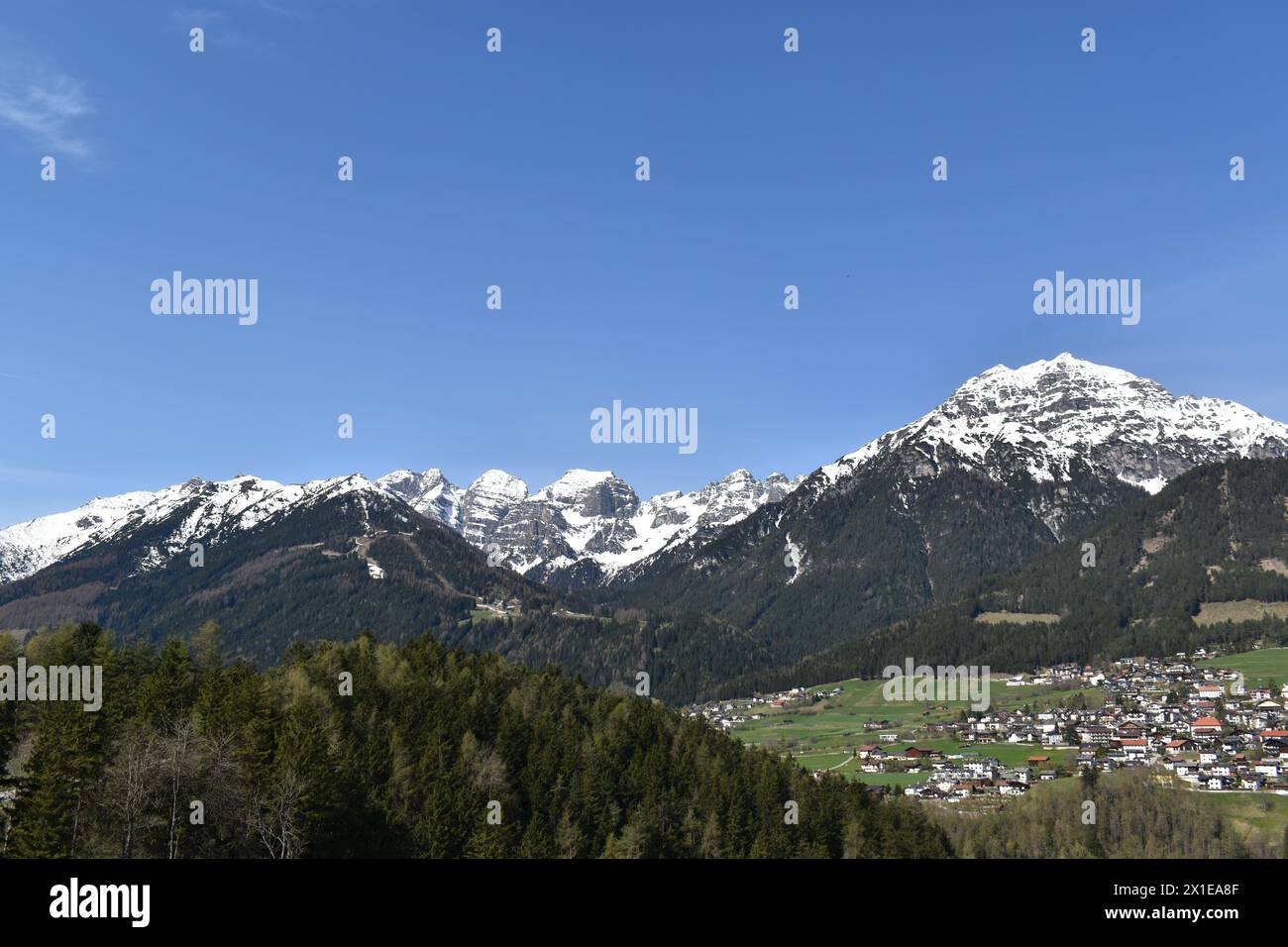 View from beautiful valley of Stubai under Stubai Glacier with small ...