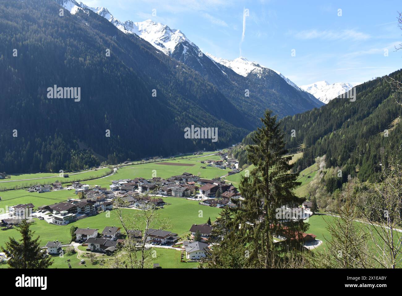 View from beautiful valley of Stubai under Stubai Glacier with small ...