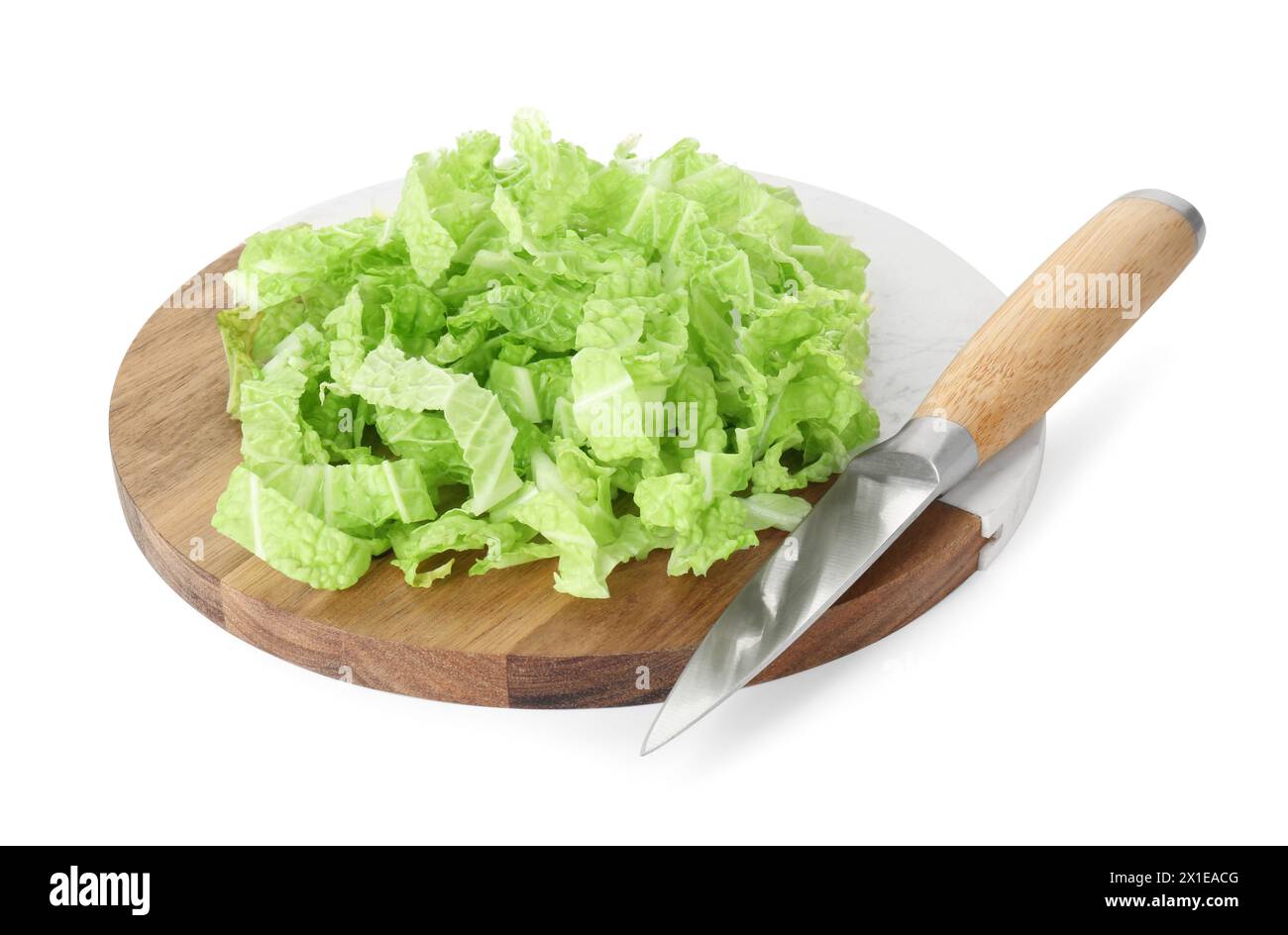 Pile of shredded fresh Chinese cabbage, board and knife isolated on ...