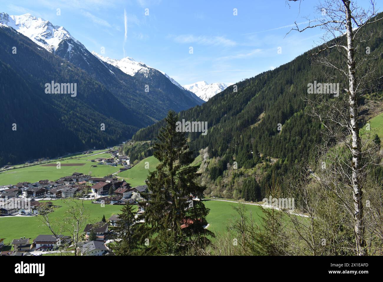 View from beautiful valley of Stubai under Stubai Glacier with small ...