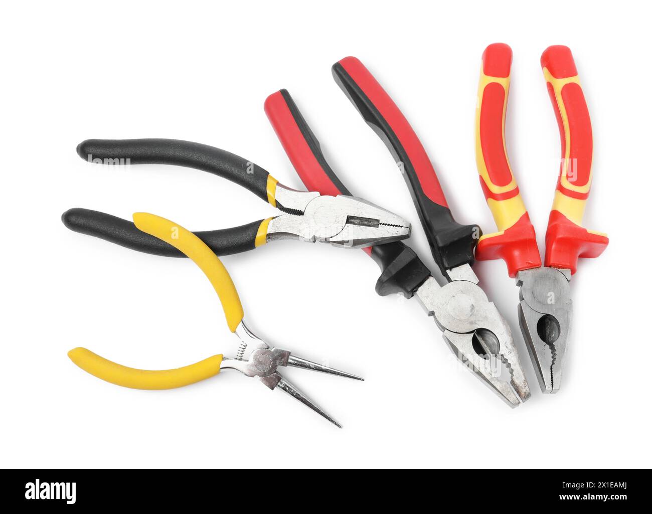 Group of different pliers isolated on white, top view Stock Photo - Alamy