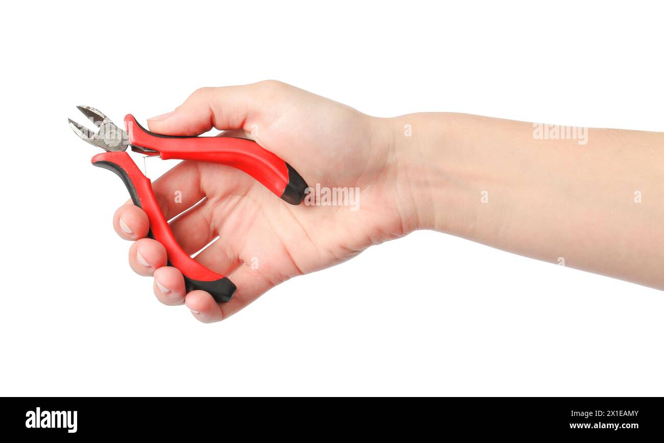 Woman holding side cutting pliers isolated on white, closeup Stock ...